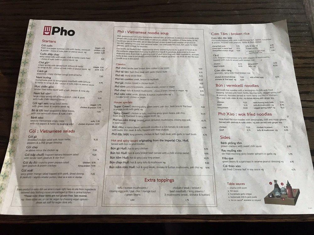 Menu at Pho restaurant, London, 48 Brushfield St