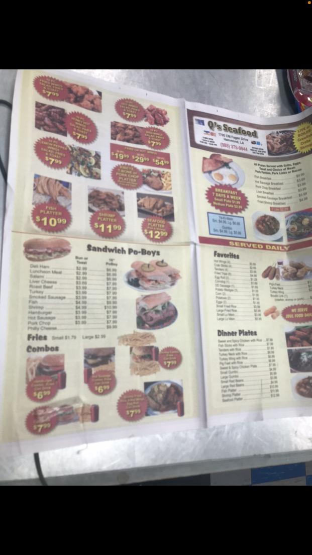 Menu at Q's Seafood & Deli restaurant, Hammond