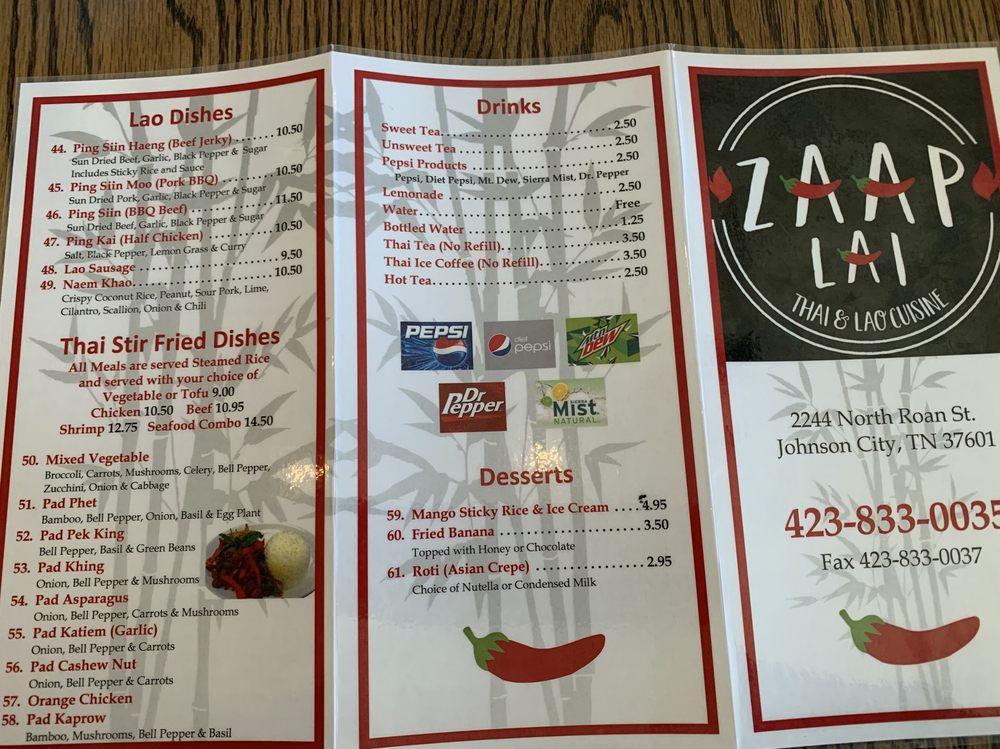 Menu at Zaap Lai Thai and Lao Cuisine restaurant, Johnson City
