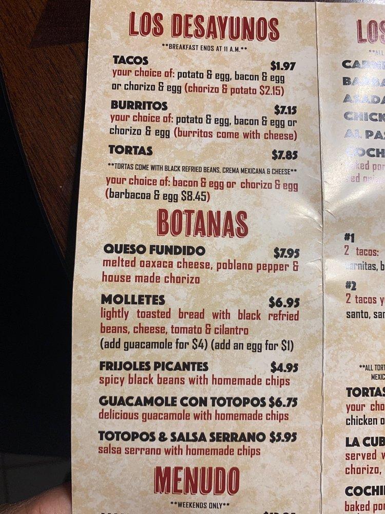 Menu at Del Sur Tacos restaurant, Dallas, 720 E Jefferson Blvd