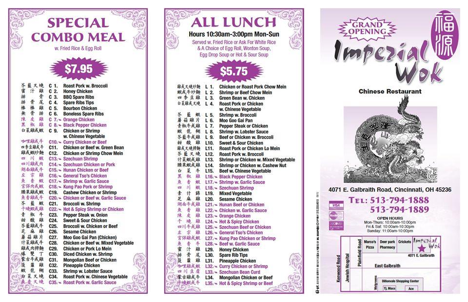 Menu at Imperial Wok restaurant, Cincinnati