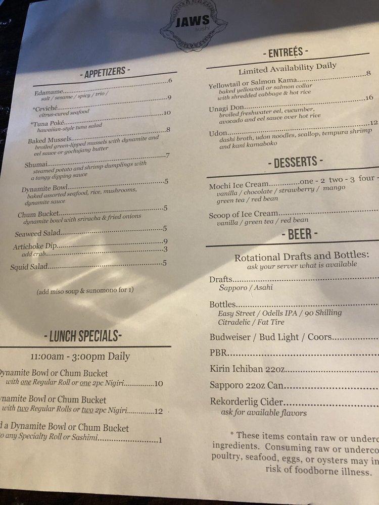 Menu at JAWS sushi restaurant, Fort Collins