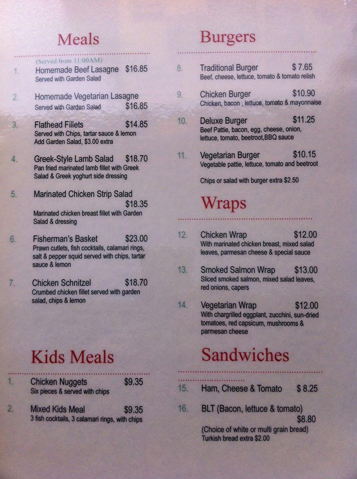 Menu at Lake Parramatta Cafe, North Parramatta