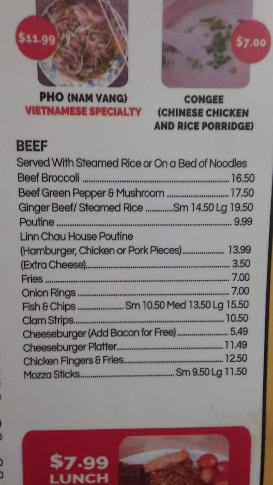 Menu at Linn Chau restaurant, Saint John