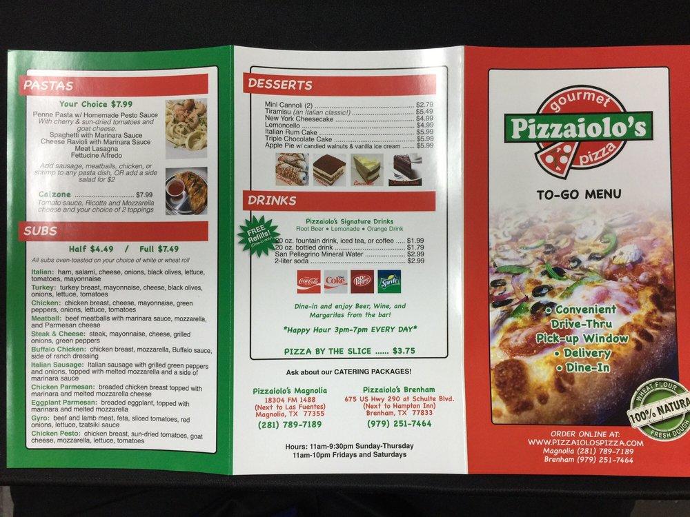 Menu at Pizzaiolo's pizzeria, Brenham