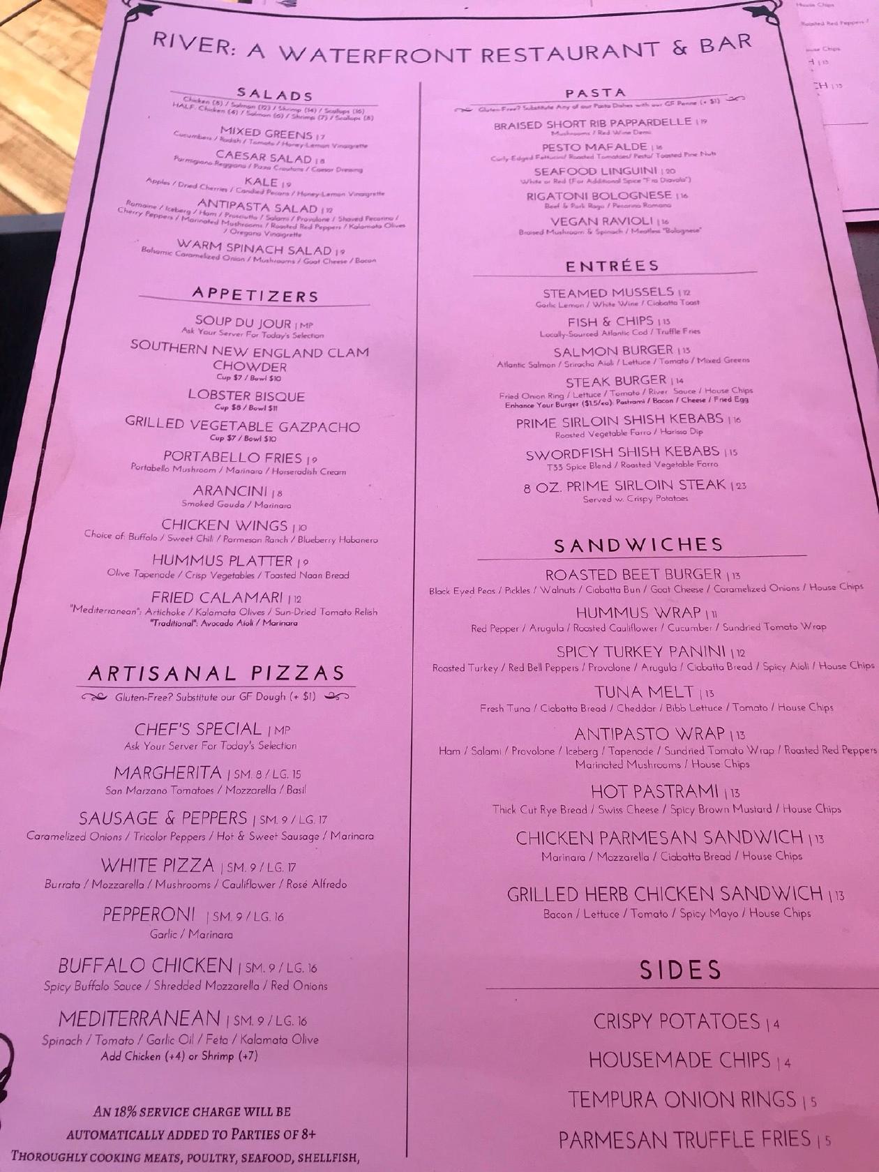 Menu at River: A Waterfront Restaurant and Bar, Wethersfield