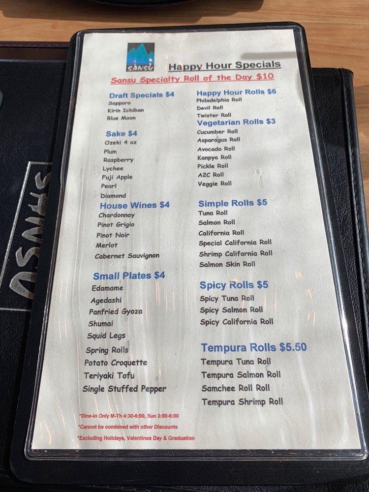 Menu at Sansu Sushi and Cocktails restaurant, East Lansing