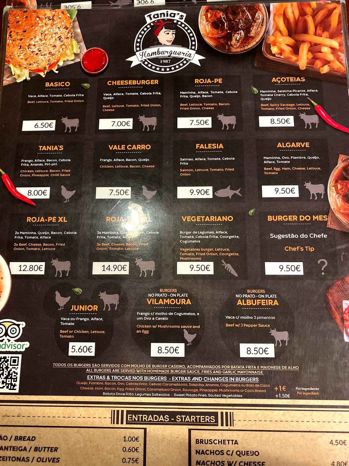 Menu at Tania's Hamburgueria restaurant, Albufeira