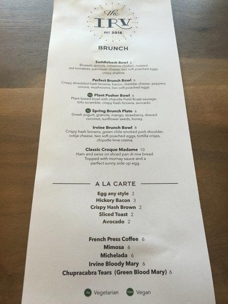 Menu at The IRV Bar, Irvine, Irvine Center Dr