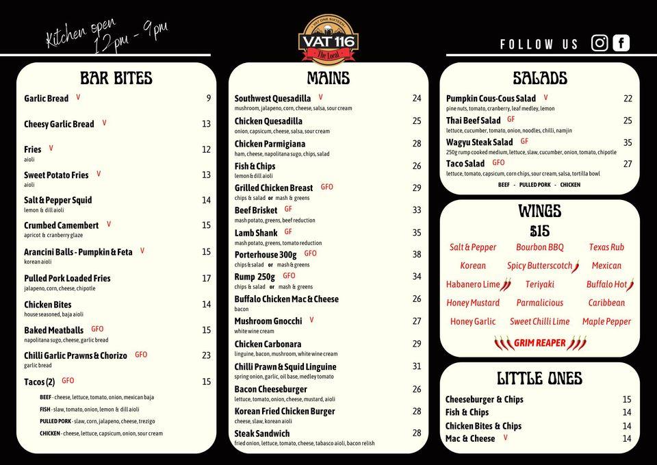 Menu at VAT 116 pub & bar, Rockingham