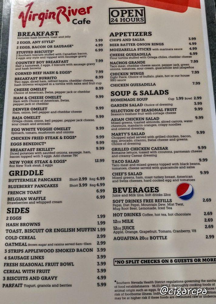 Menu at Virgin River Casino and Lodge cafe, Mesquite, 100 E Pioneer Blvd