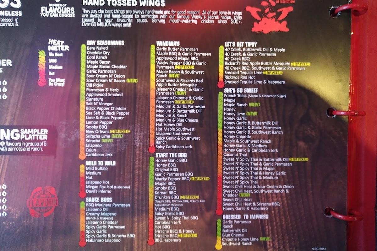 Menu at Wacky's Timmins pizzeria, Timmins