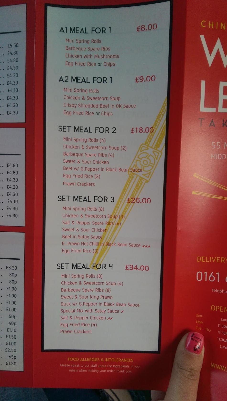 Menu at Wing Lee (Middleton) restaurant, Manchester, 55 Mount Rd