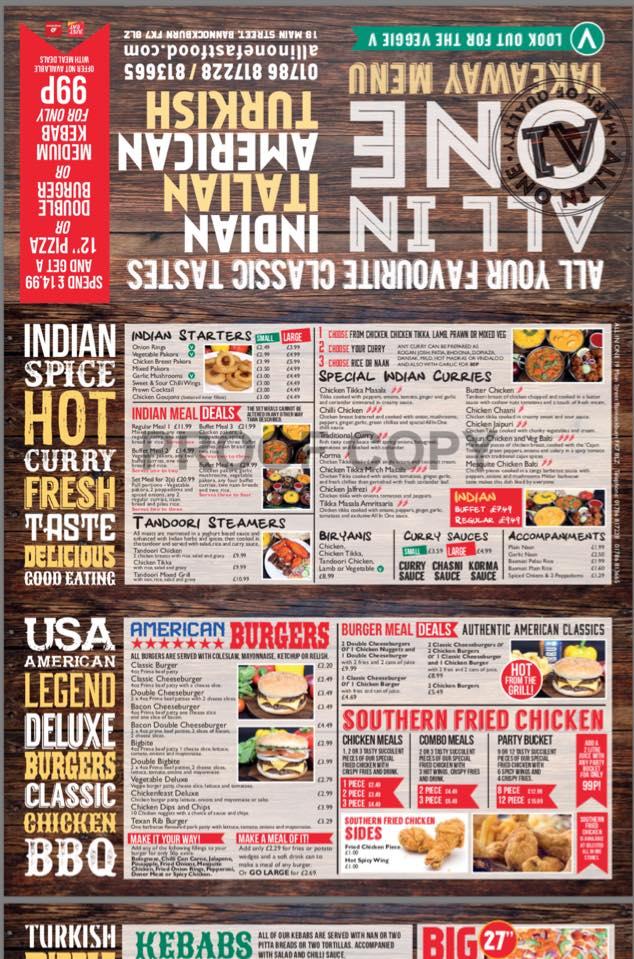 Menu at All In One pizzeria, Stirling