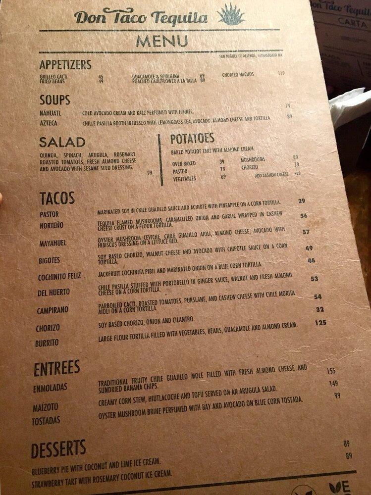 Menu at Don Taco Tequila restaurant, San Miguel de Allende