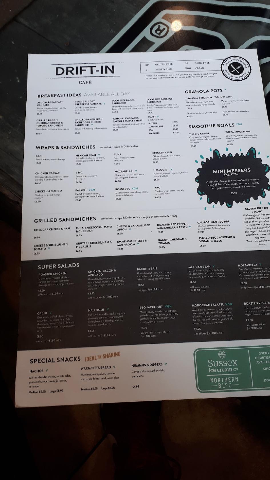 Menu at Drift-In Surf Cafe, East Wittering