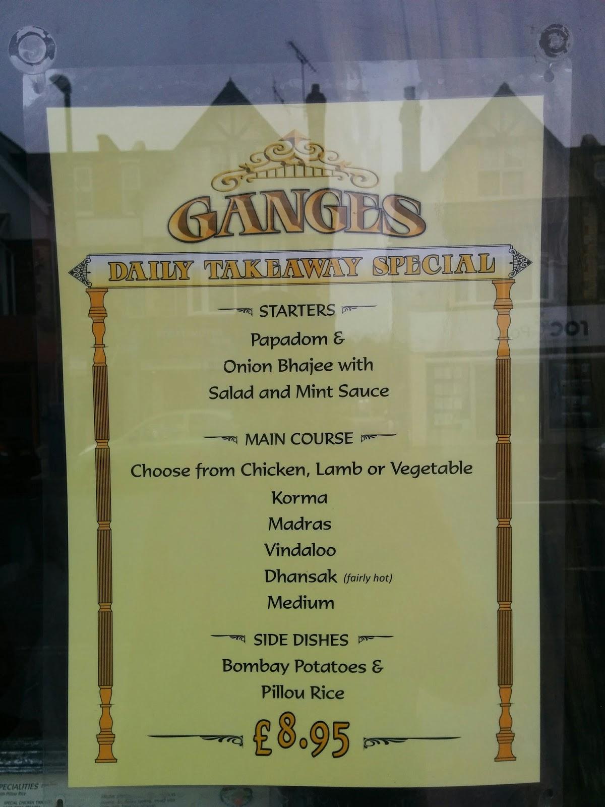 Menu at Ganges restaurant, Paignton