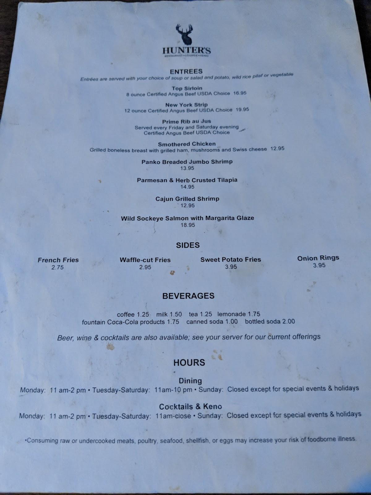 Menu at Hunter's Restaurant & Lounge, Waco