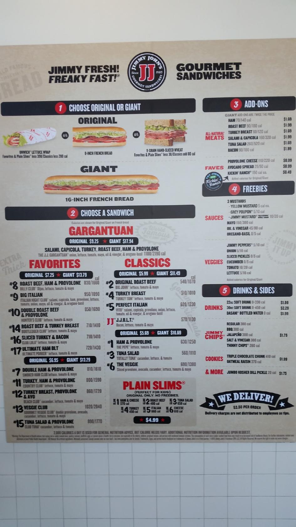 Menu at Jimmy John's fast food, Elk River, Carson Ct NW