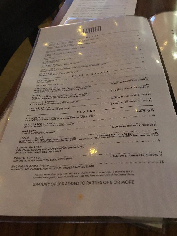 Menu at Lumen Detroit restaurant, Detroit
