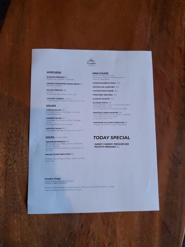 Menu at Paradise Village Hotel & Restaurant, Ashford