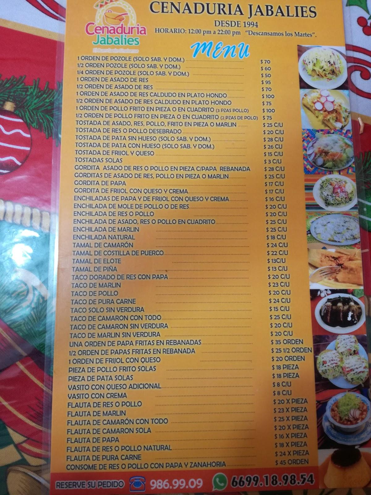 Menu at Cenaduria Jabalies restaurant, Mazatlán