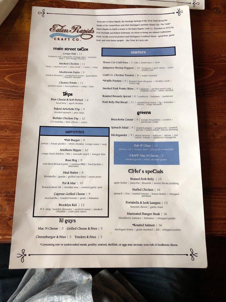 Menu at Eaton Rapids Craft Company pub & bar, Eaton Rapids