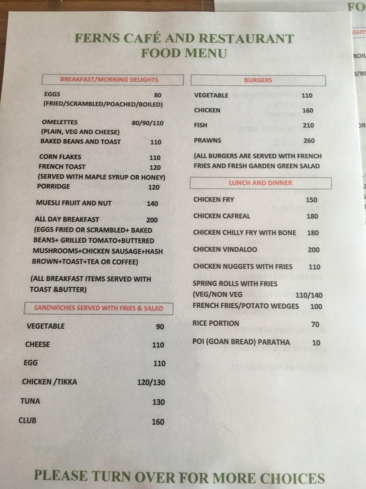 Menu at Ferns cafe, Marna