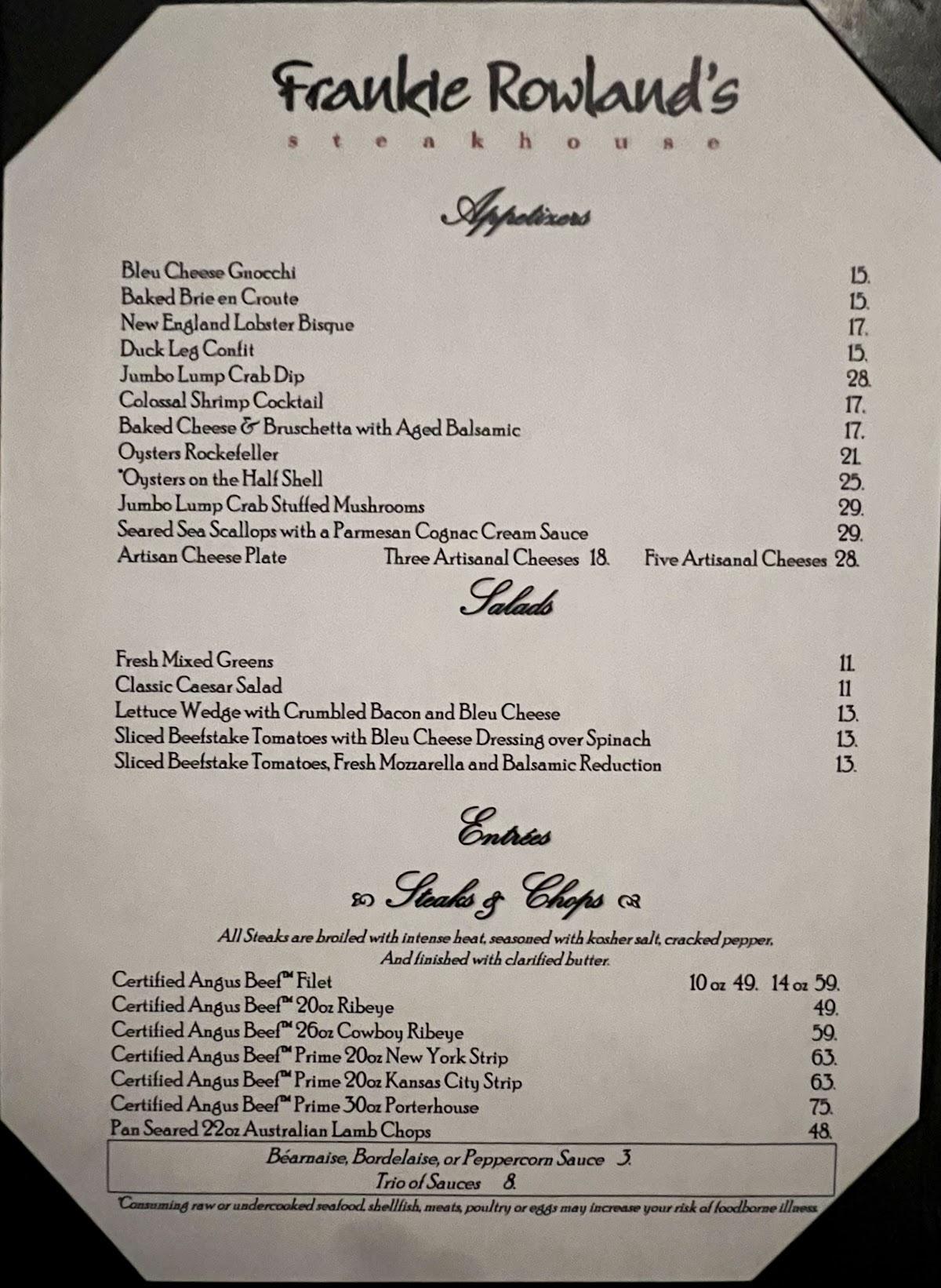 Menu at Frankie Rowland's Steakhouse, Roanoke