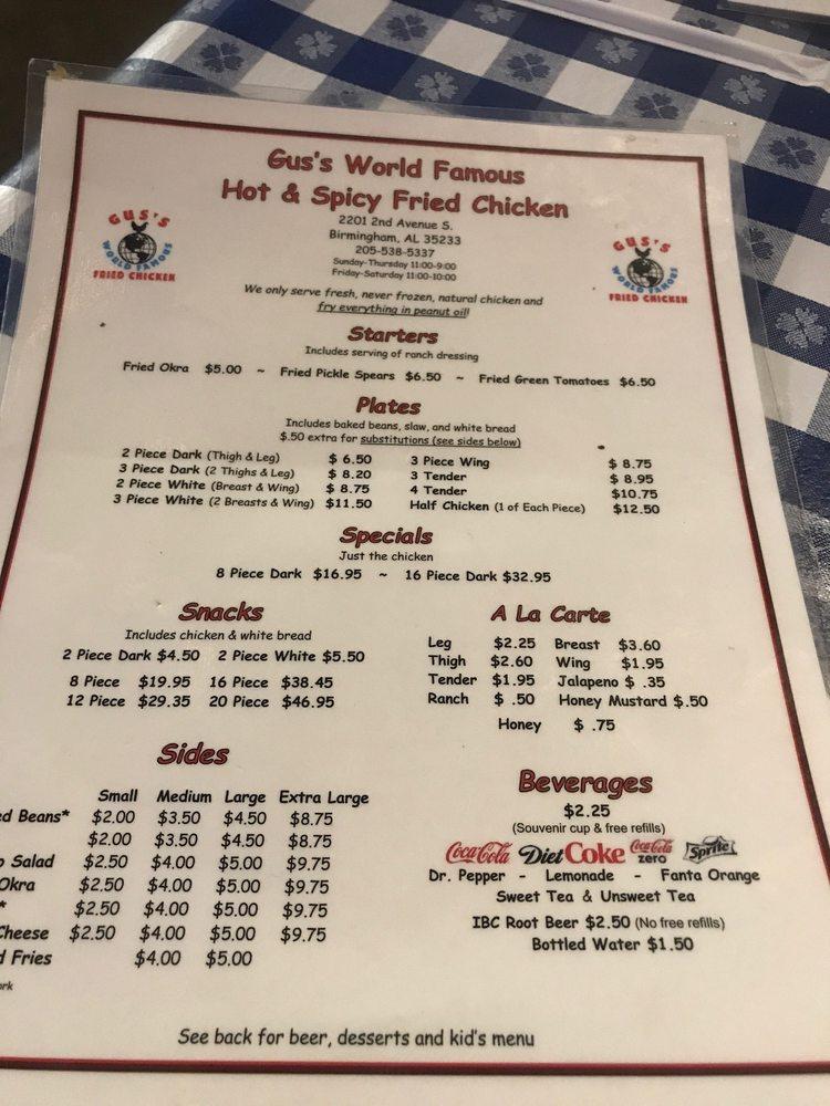 Menu at Gus's World Famous Fried Chicken restaurant, Birmingham