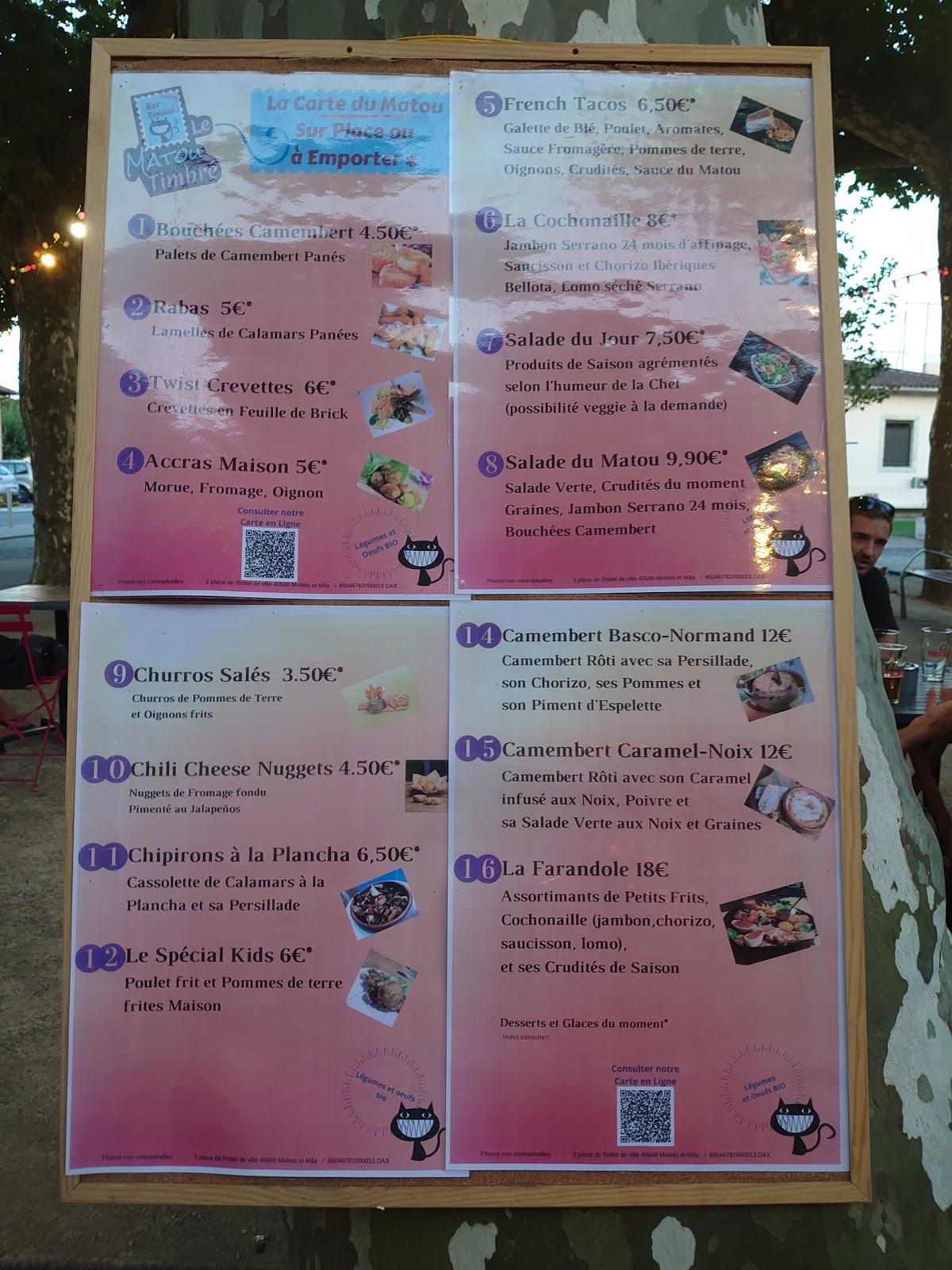 Menu at Le Matou Timbré pub & bar, Moliets-et-Maa