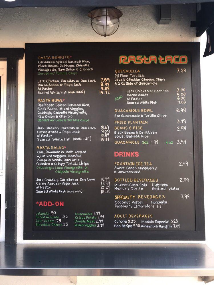 Menu at Rasta Taco Laguna Beach restaurant, Laguna Beach