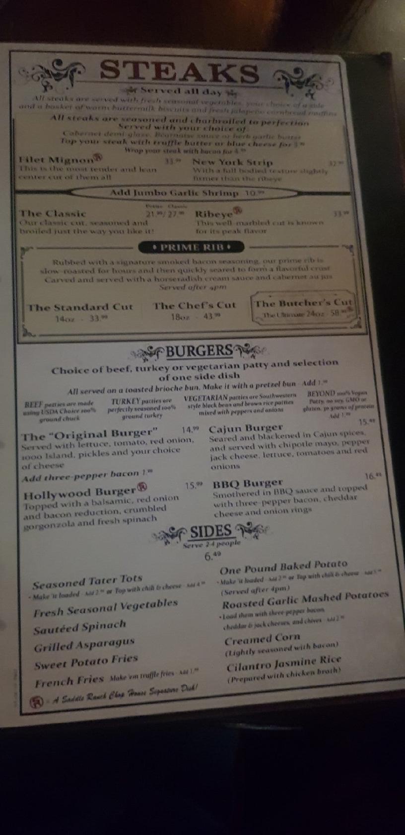 Menu at Saddle Ranch Chop House pub & bar, Orange