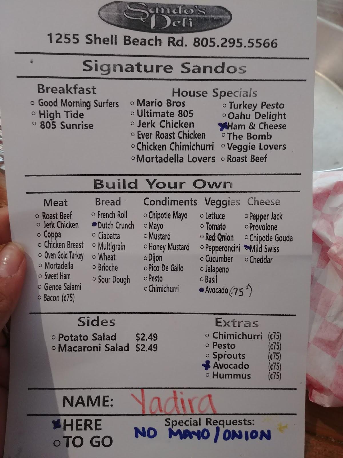 Menu at Sando's Deli restaurant, Pismo Beach
