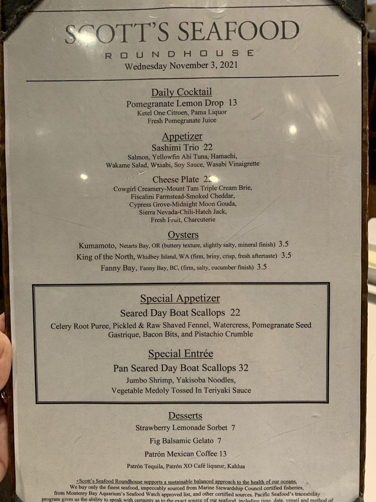 Menu at Scott's Seafood Roundhouse pub & bar, Folsom