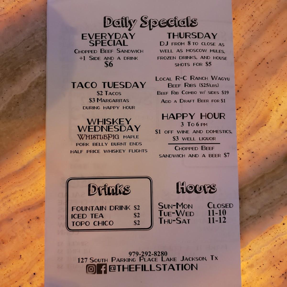 Menu at The Fill Station pub & bar, Lake Jackson