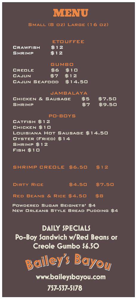 Menu at Baileys Bayou restaurant, Portsmouth, Hodges Ferry Rd
