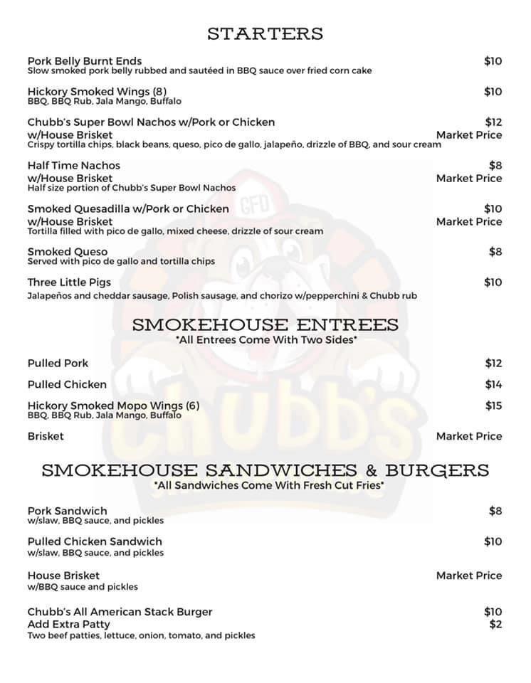 Menu at Chubb's Smokehouse pub & bar, Gallatin
