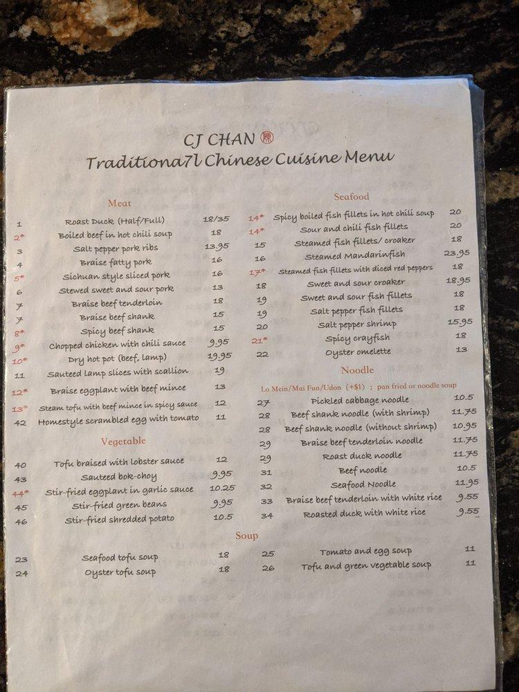 Menu at CJ Chan restaurant, Moraine, W Alex Bell Rd
