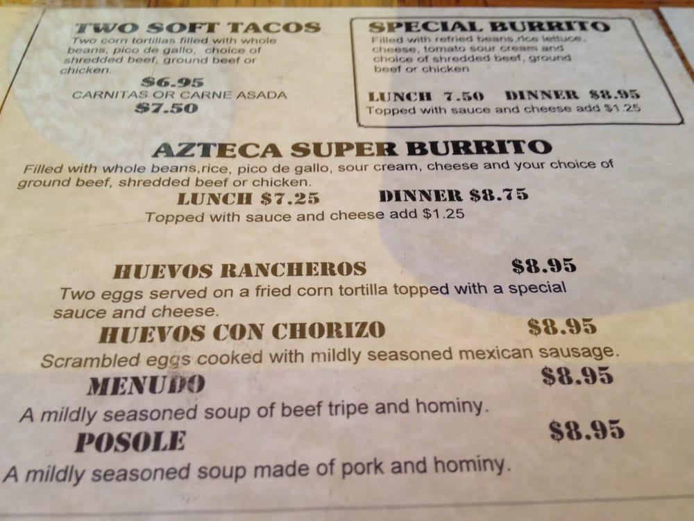 Menu at El Azteca Restaurant, Fairfield