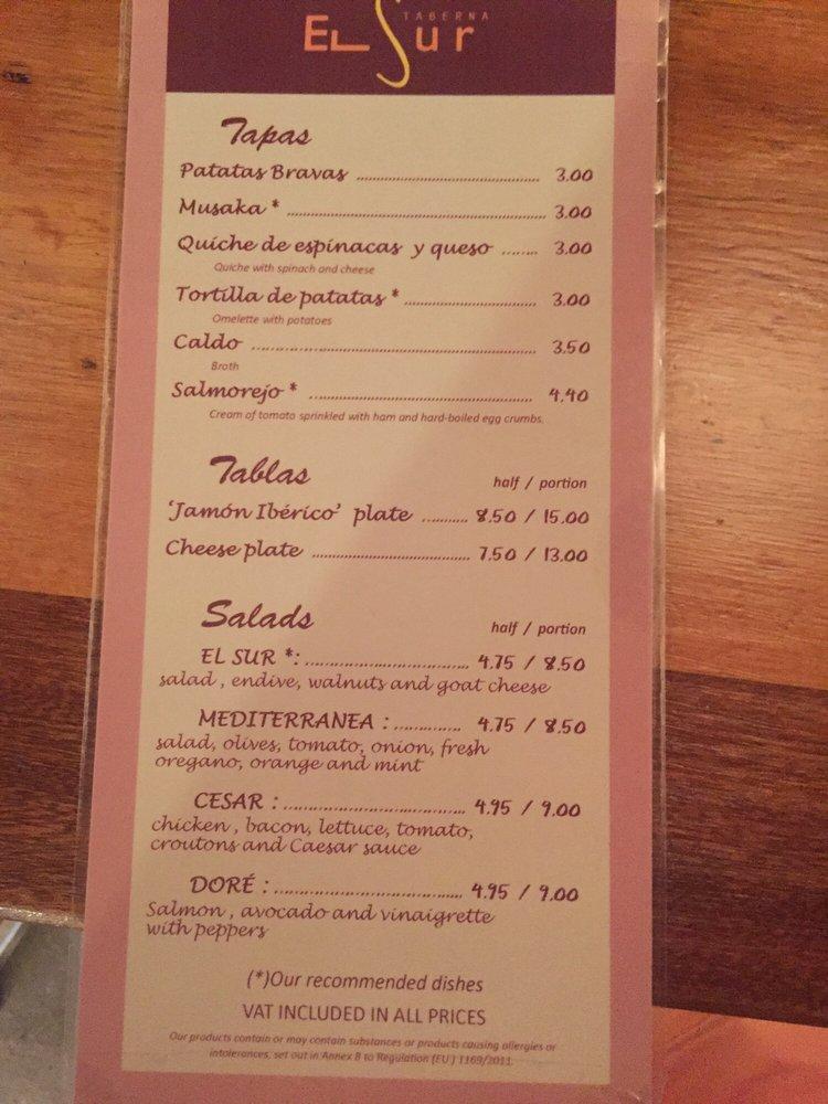Carta del pub y bar Taberna El Sur, Madrid