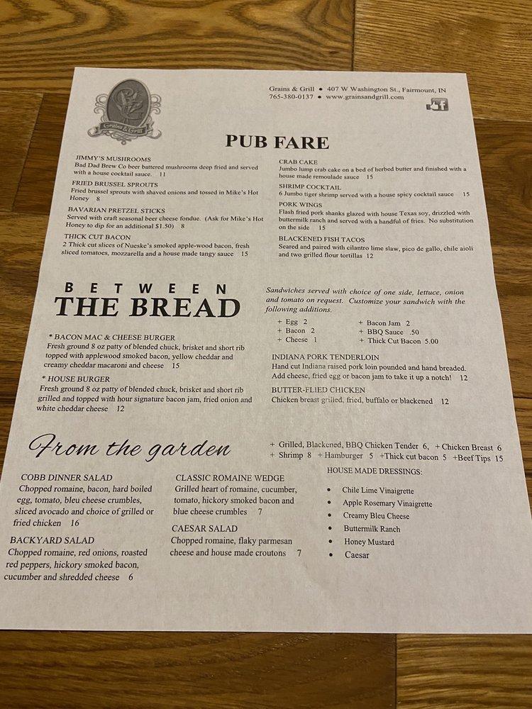 Menu at Grains & Grill steakhouse, Fairmount