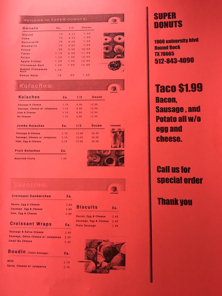 Menu at Grand Donuts restaurant, Round Rock
