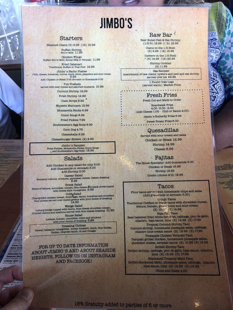 Menu at Jimbo's Bar and Grill, Seaside Heights, 715 Boardwalk