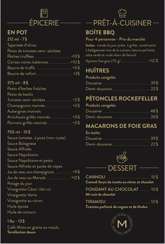 Menu at Le Mista restaurant, Beloeil