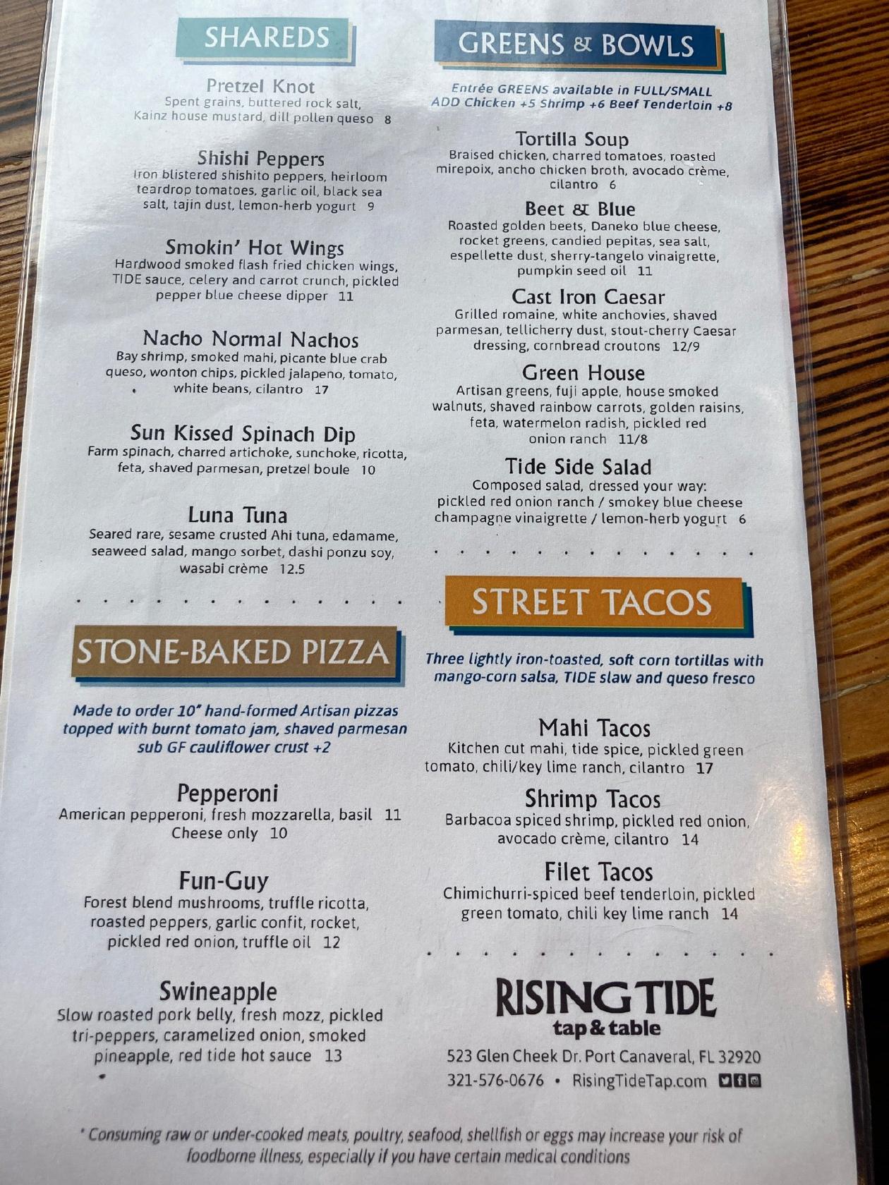 Menu at Rising Tide Tap & Table pub & bar, Cape Canaveral