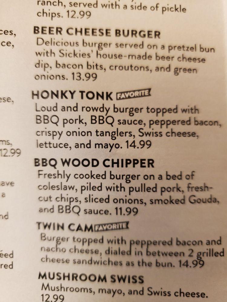 Menu at Sickies Garage Burgers & Brews restaurant, Las Vegas