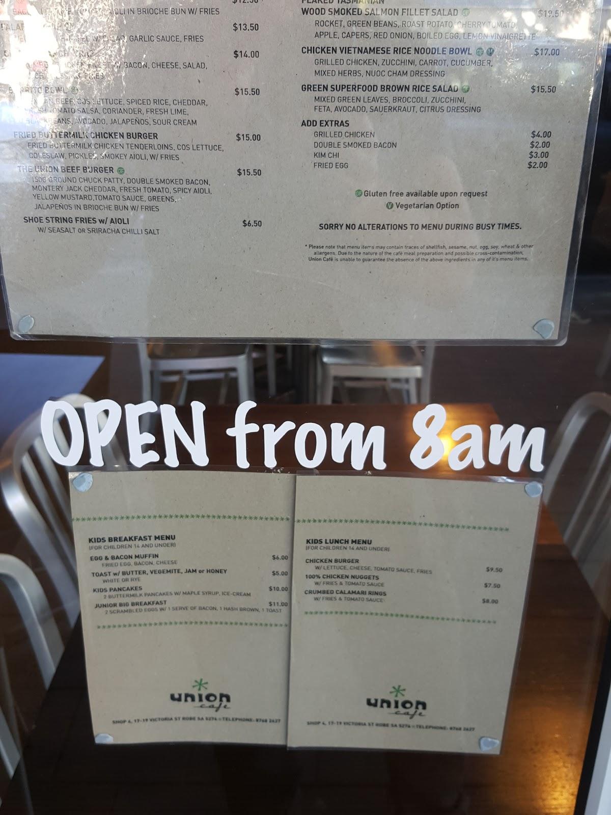 Menu at Union Cafe, Robe
