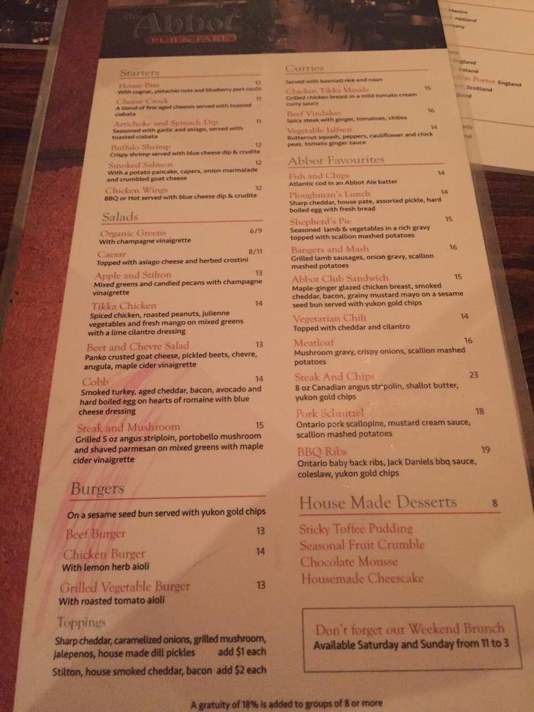 Menu at Abbot Pub, Toronto, Yonge St