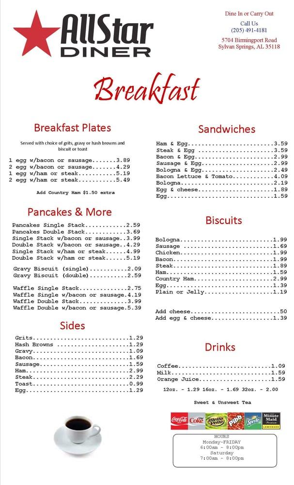 Menu at Allstar Diner restaurant, Sylvan Springs
